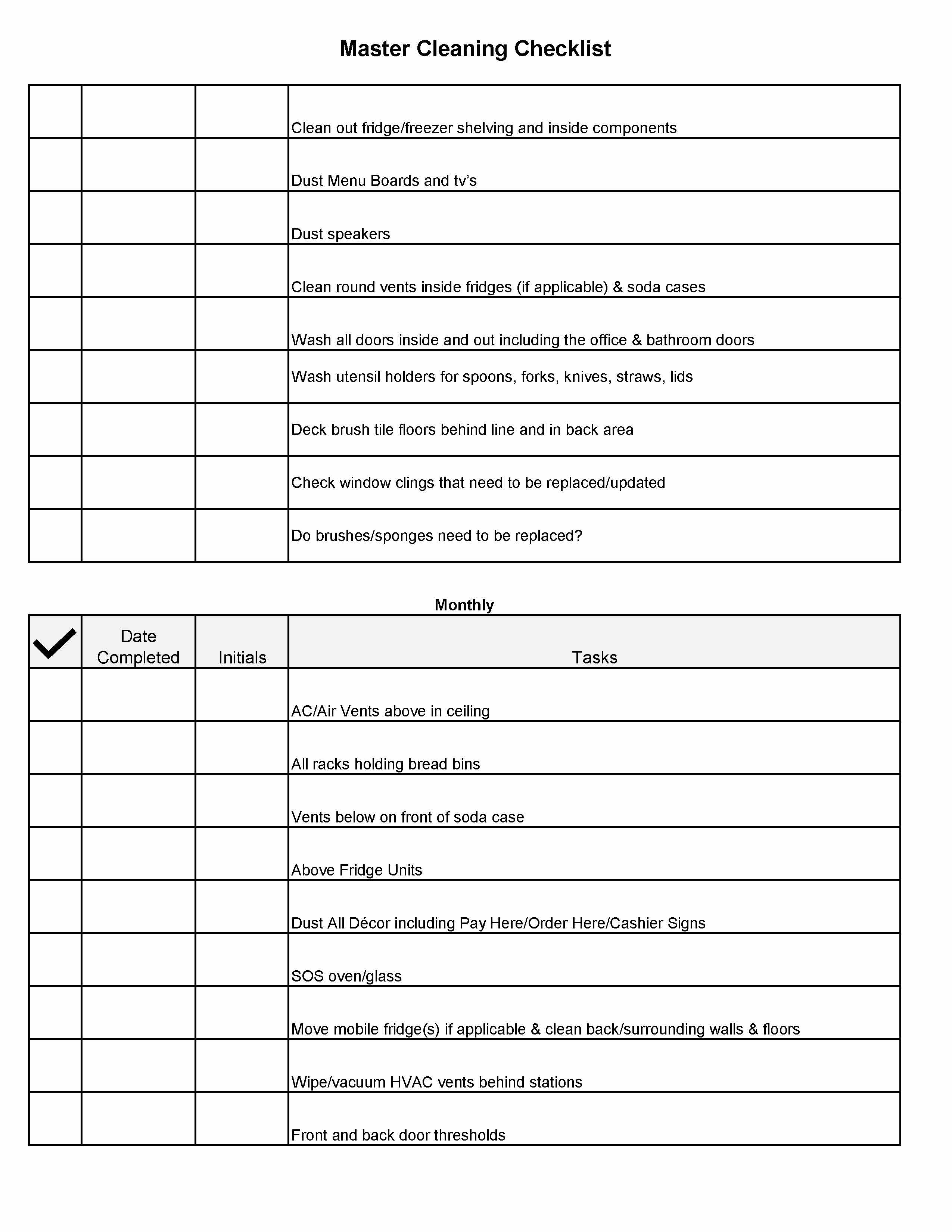 Master Cleaning Checklist – Mr. Pickle's Franchise Systems