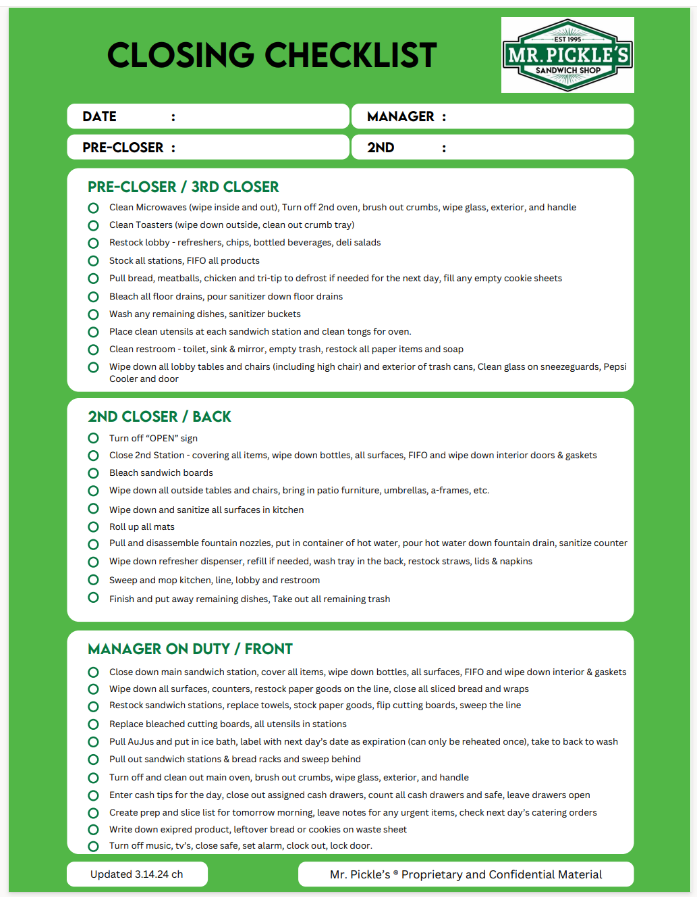 Closing Checklist - Updated 3.14.24 – Mr. Pickle's Franchise Systems